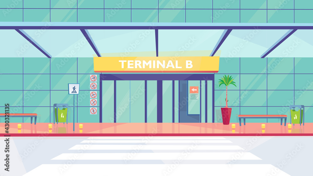 Airport main entrance interior, banner in flat cartoon design. Facade ...