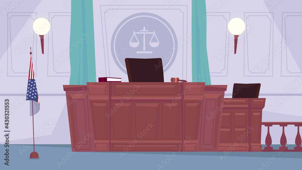 Empty courtroom interior, banner in flat cartoon design. Judge ...