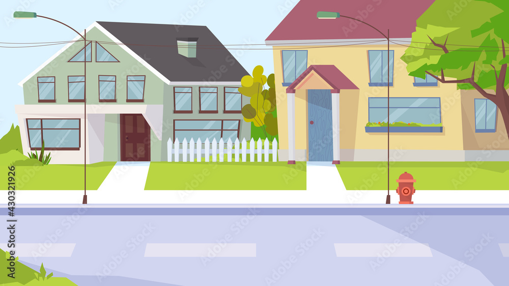 Country street view, banner in flat cartoon design. Village landscape ...