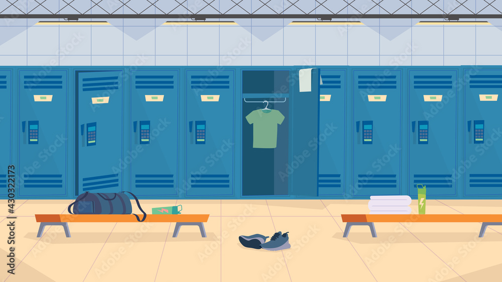 Locker room interior, banner in flat cartoon design. Sports center row ...