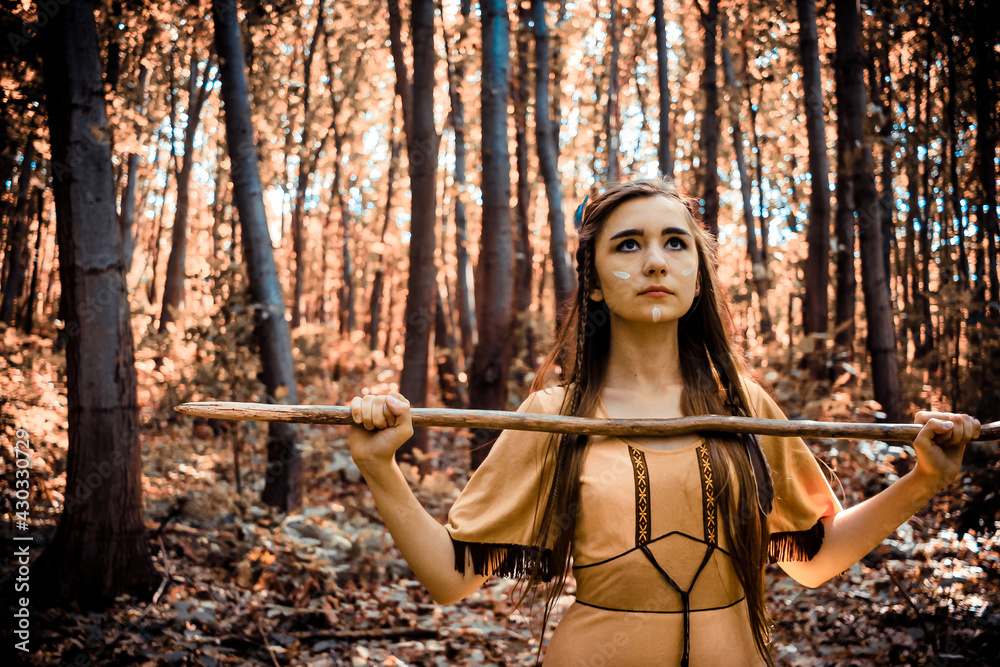 Native american indian girl in traditional clothing standing with a ...
