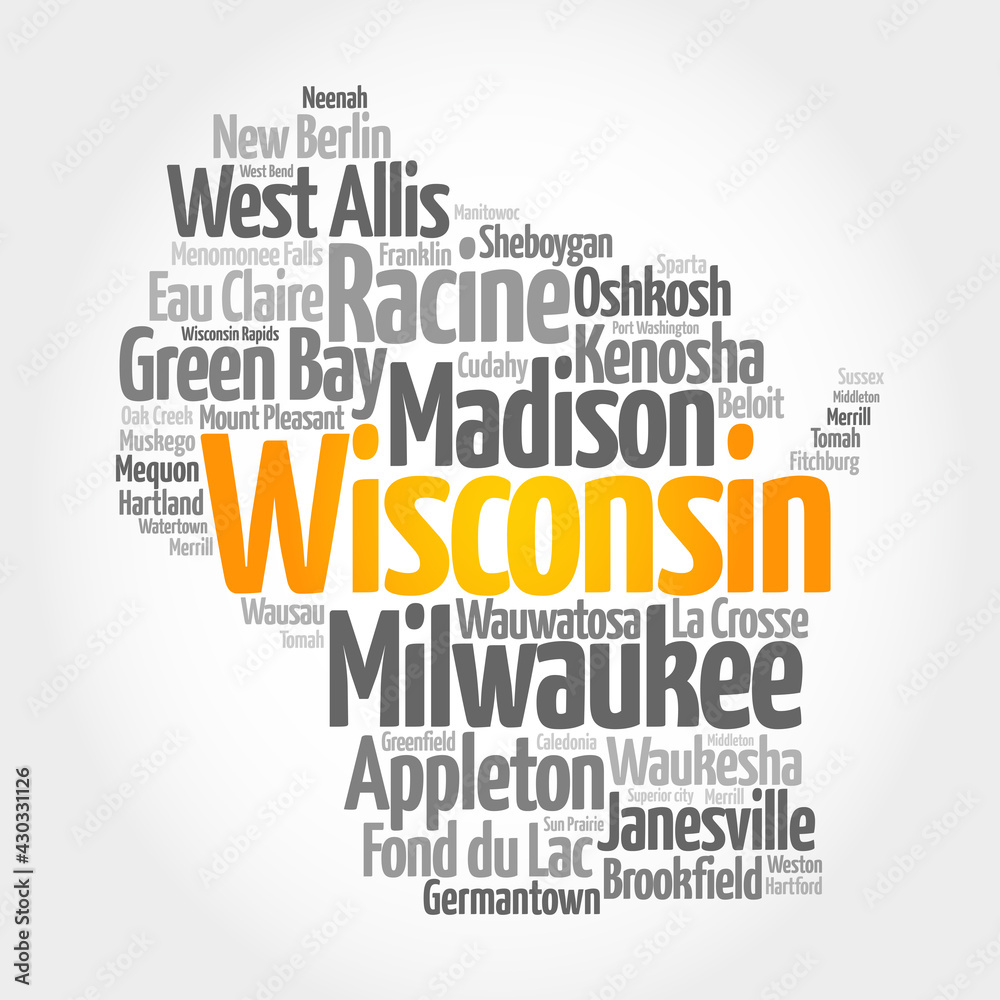 List of cities in Wisconsin USA state, map silhouette word cloud, map ...