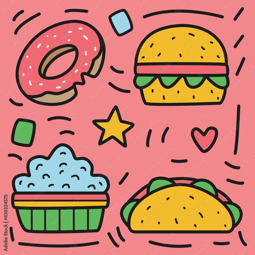 hand drawn food doodle cartoon coloring design Stock Vector | Adobe Stock