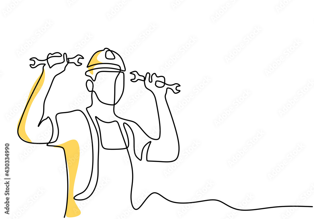 One continuous single line drawing of young man mechanic wearing hard ...