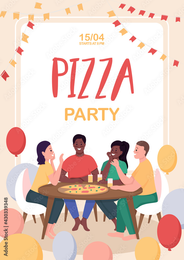 Pizza party poster flat vector template. Friends spending time together ...