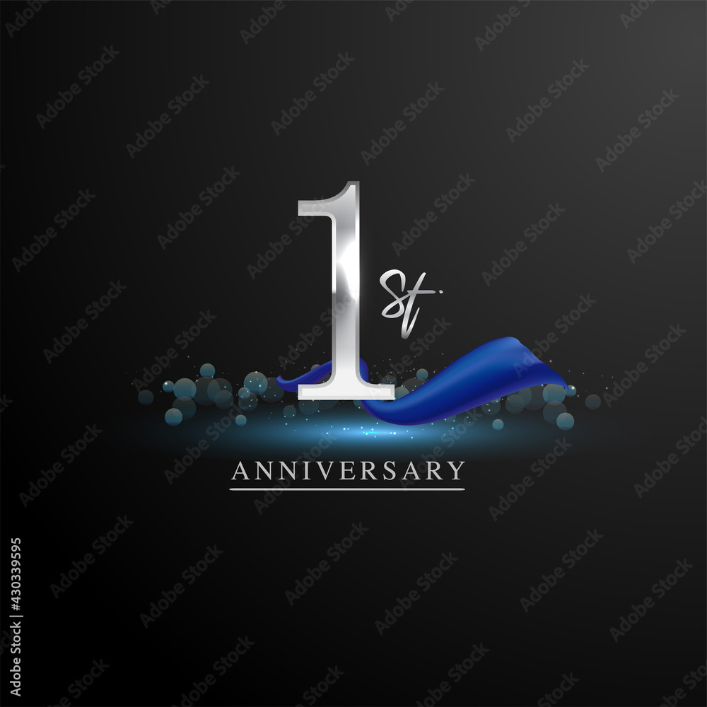 1st silver anniversary logo with blue ribbon isolated on elegant ...