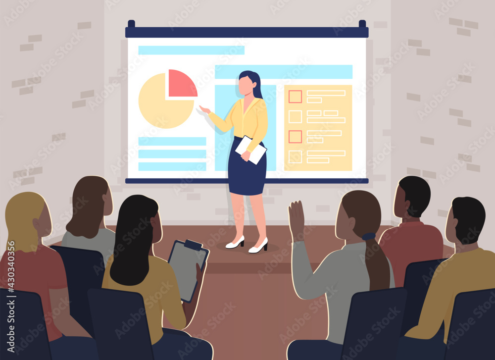 Business conference flat color vector illustration. Marketing training ...