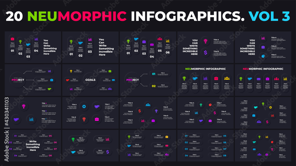 Neumorphic vector dark infographics. Circle diagrams. Presentation ...