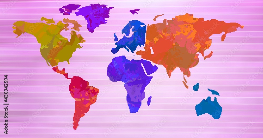 Composition of multi coloured world map over pink stripes in background ...