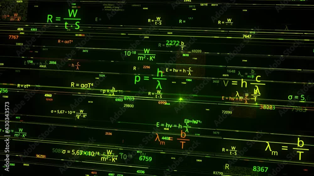 Glowing neon mathematics formulas flying chaotically on black ...