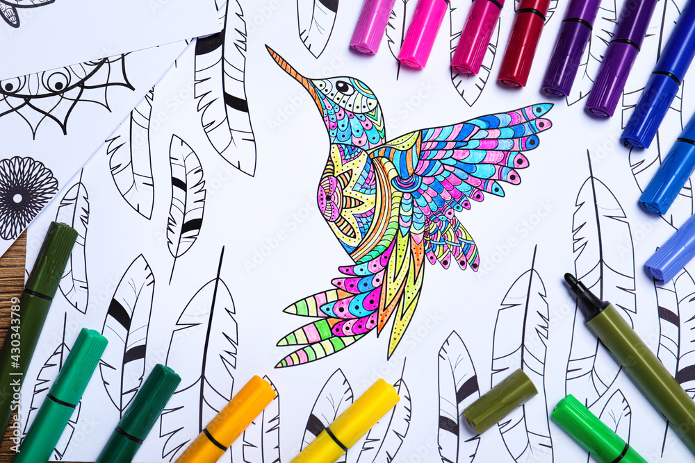 Felt tip pens on antistress coloring page, top view Stock Photo | Adobe ...