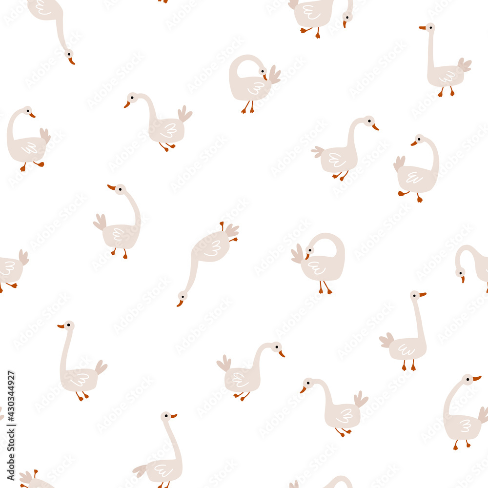 Geese seamless pattern. White Goose in different poses. Cute vector ...