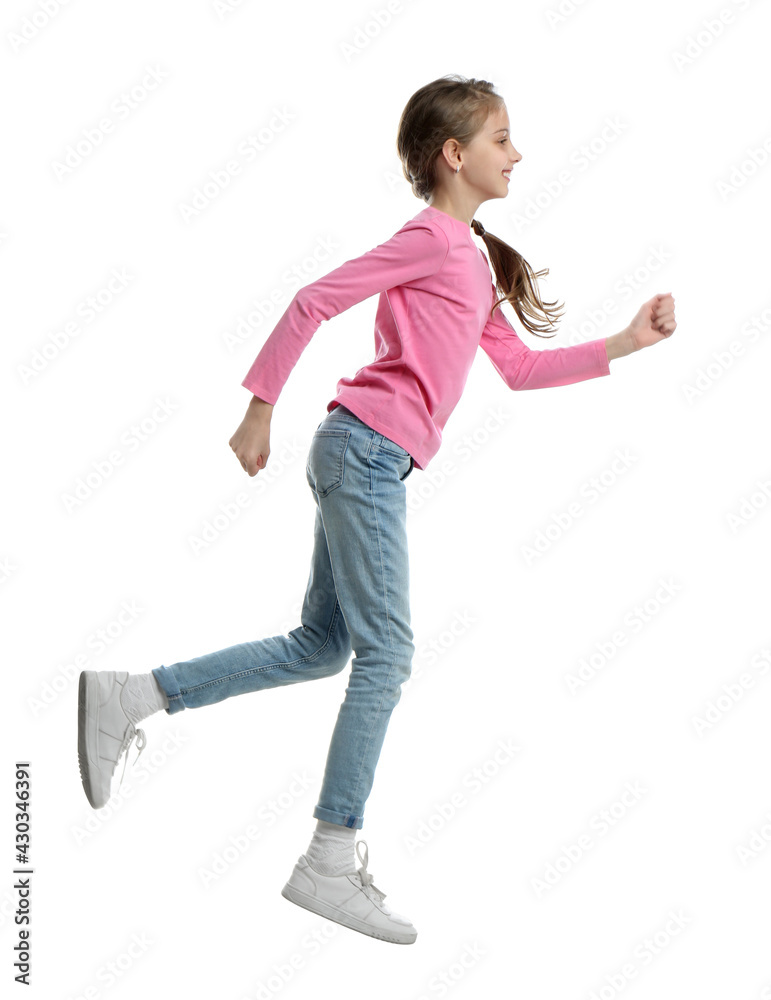 Cute little girl running on white background Stock Photo | Adobe Stock
