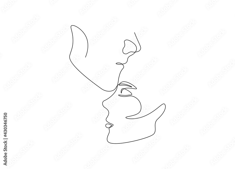 One line couple. Abstract one line faces, kiss line drawing, modern art ...