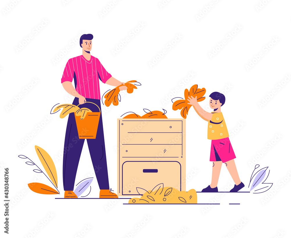 Father and son put organic garden waste into the compost bin. Bio ...