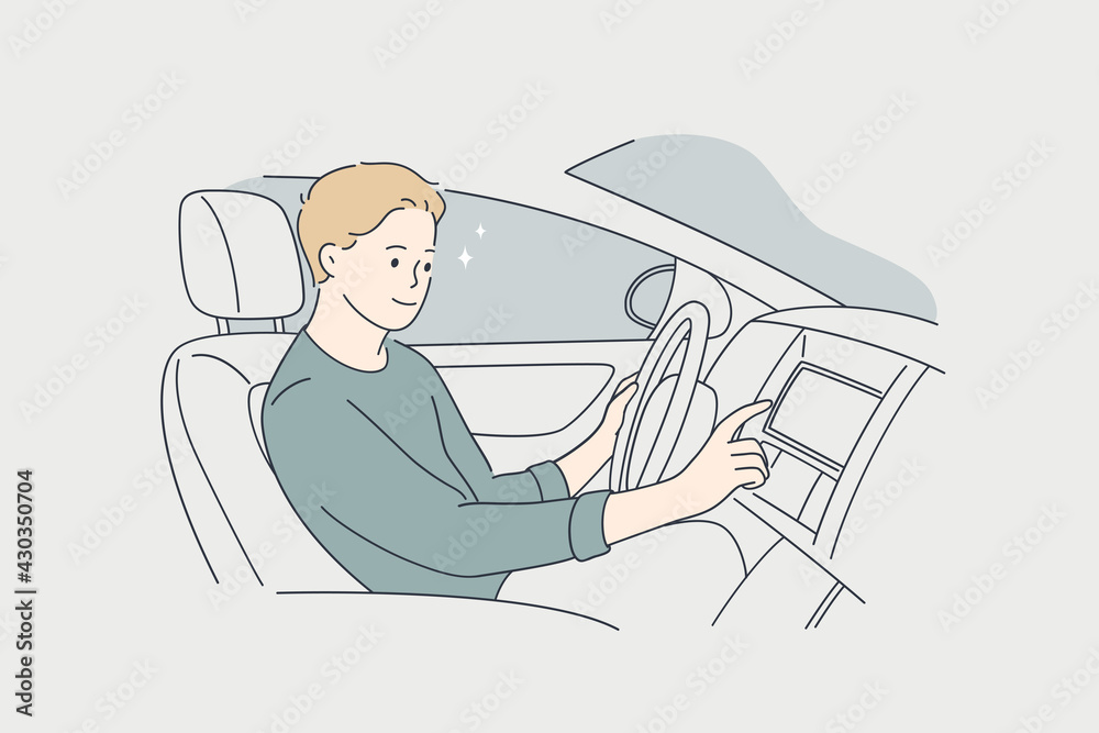 Driving car and modern vehicle concept. Young man cartoon character ...