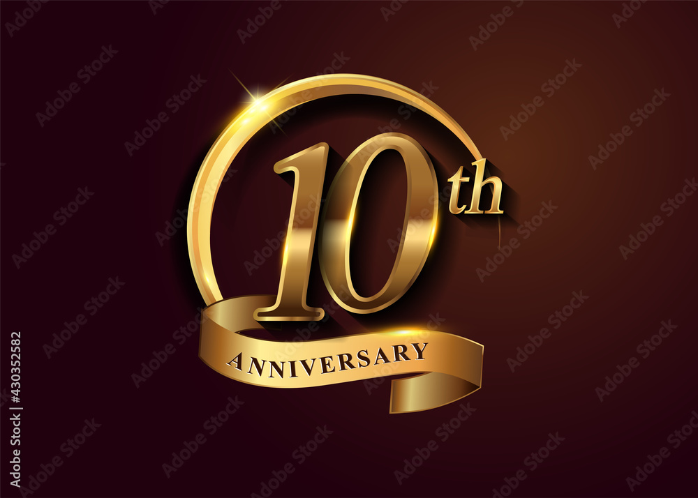 10th golden anniversary logo with gold ring and golden ribbon, vector ...