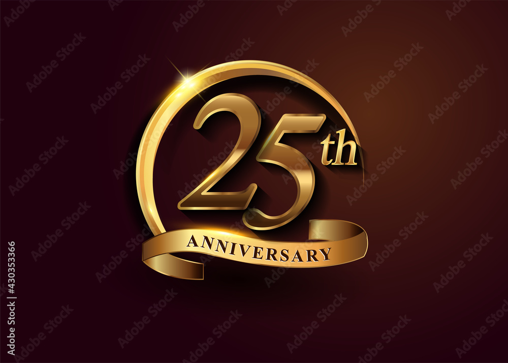 25th golden anniversary logo with gold ring and golden ribbon, vector ...