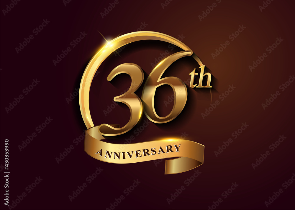 36th golden anniversary logo with gold ring and golden ribbon, vector ...