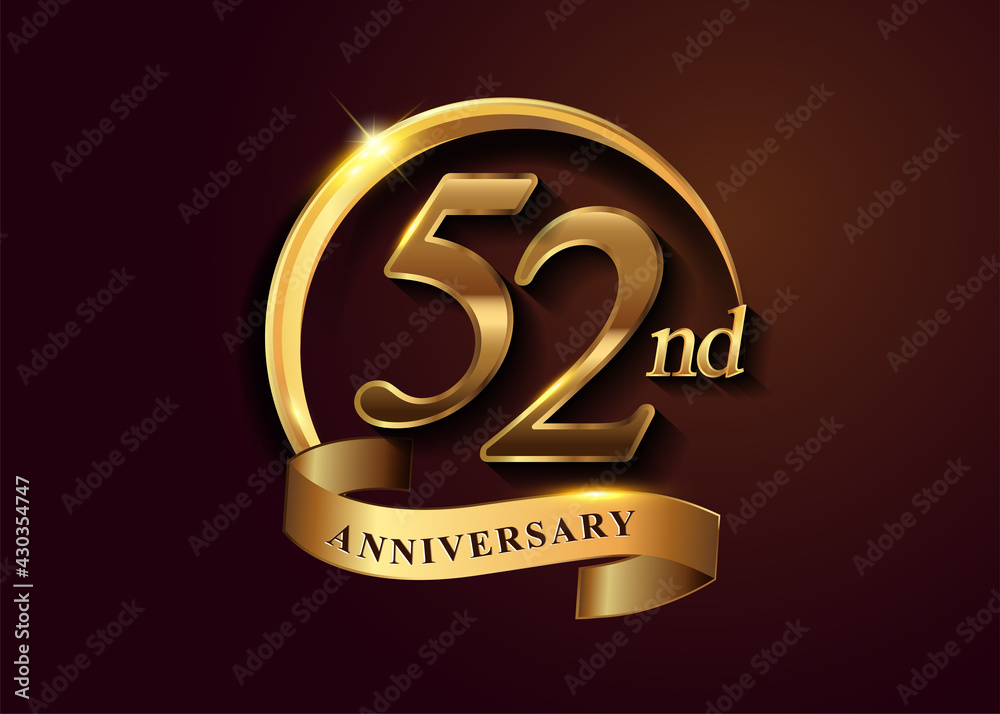 52nd golden anniversary logo with gold ring and golden ribbon, vector ...