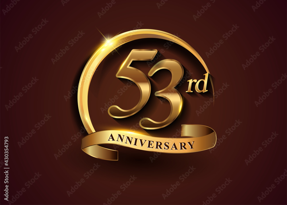 53rd golden anniversary logo with gold ring and golden ribbon, vector ...