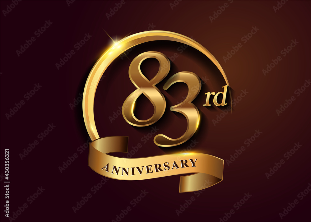 83rd golden anniversary logo with gold ring and golden ribbon, vector ...
