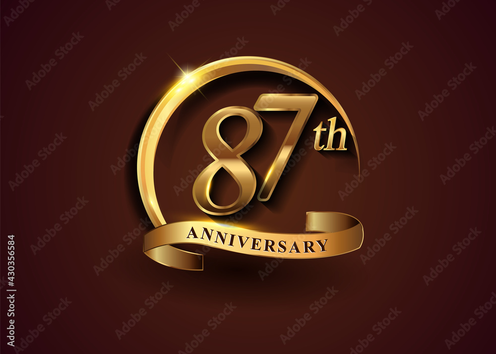 87th golden anniversary logo with gold ring and golden ribbon, vector ...