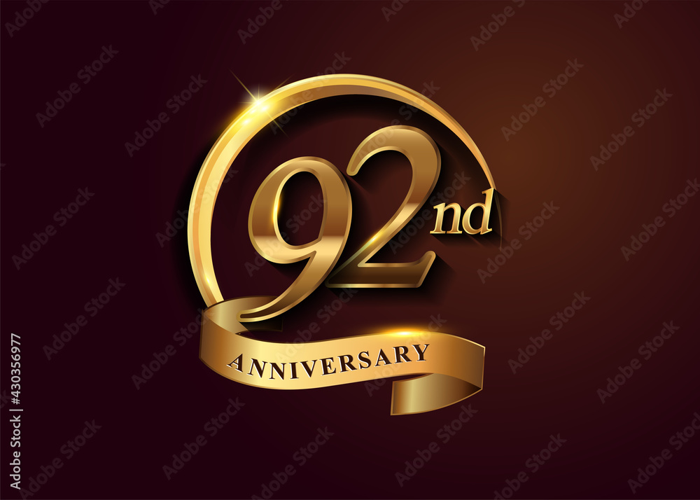 92nd golden anniversary logo with gold ring and golden ribbon, vector ...