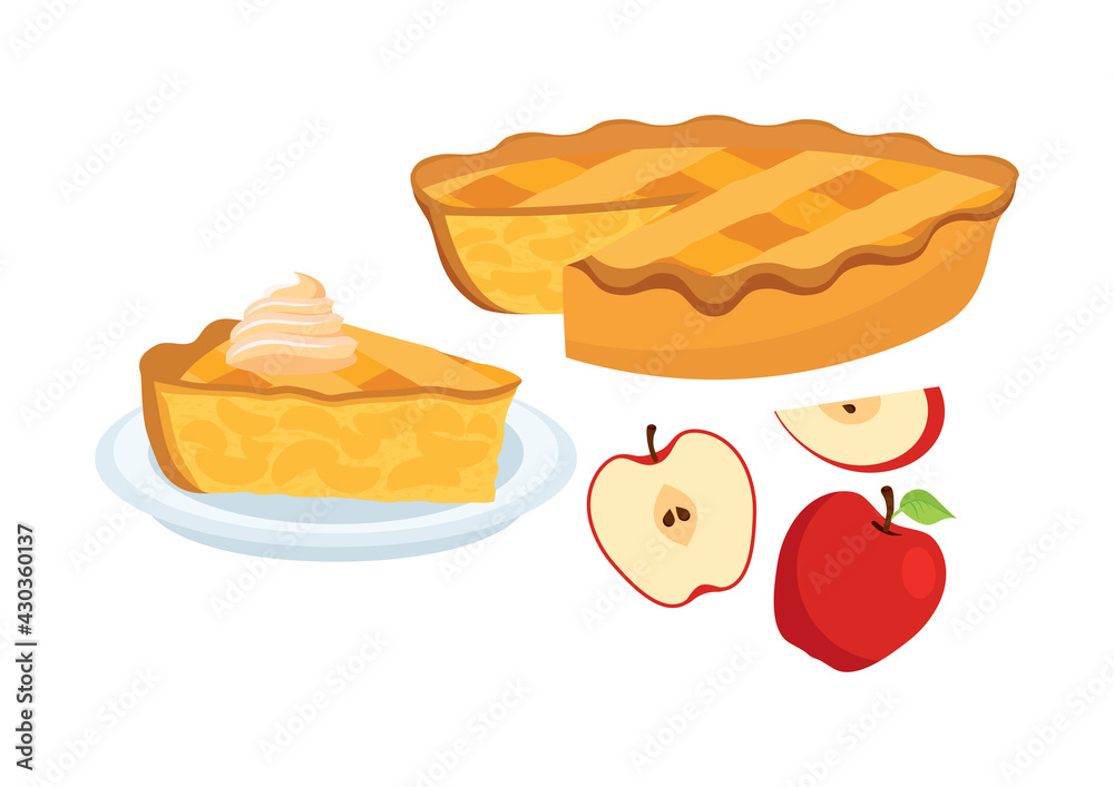 Sweet traditional Apple Pie with apples icon set vector. Piece of apple ...