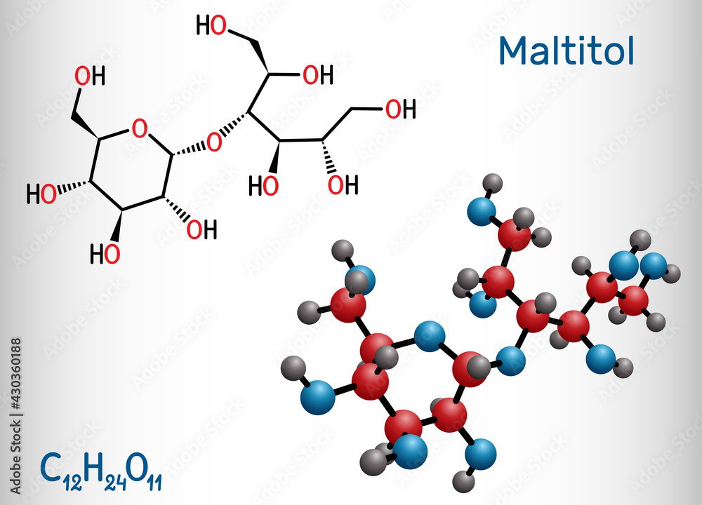 Maltitol molecule. It is sweetener, sugar substitute, polyol, sugar ...