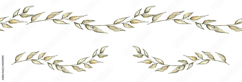 Decorative small seamless stripe and corners of wheat, watercolor ...