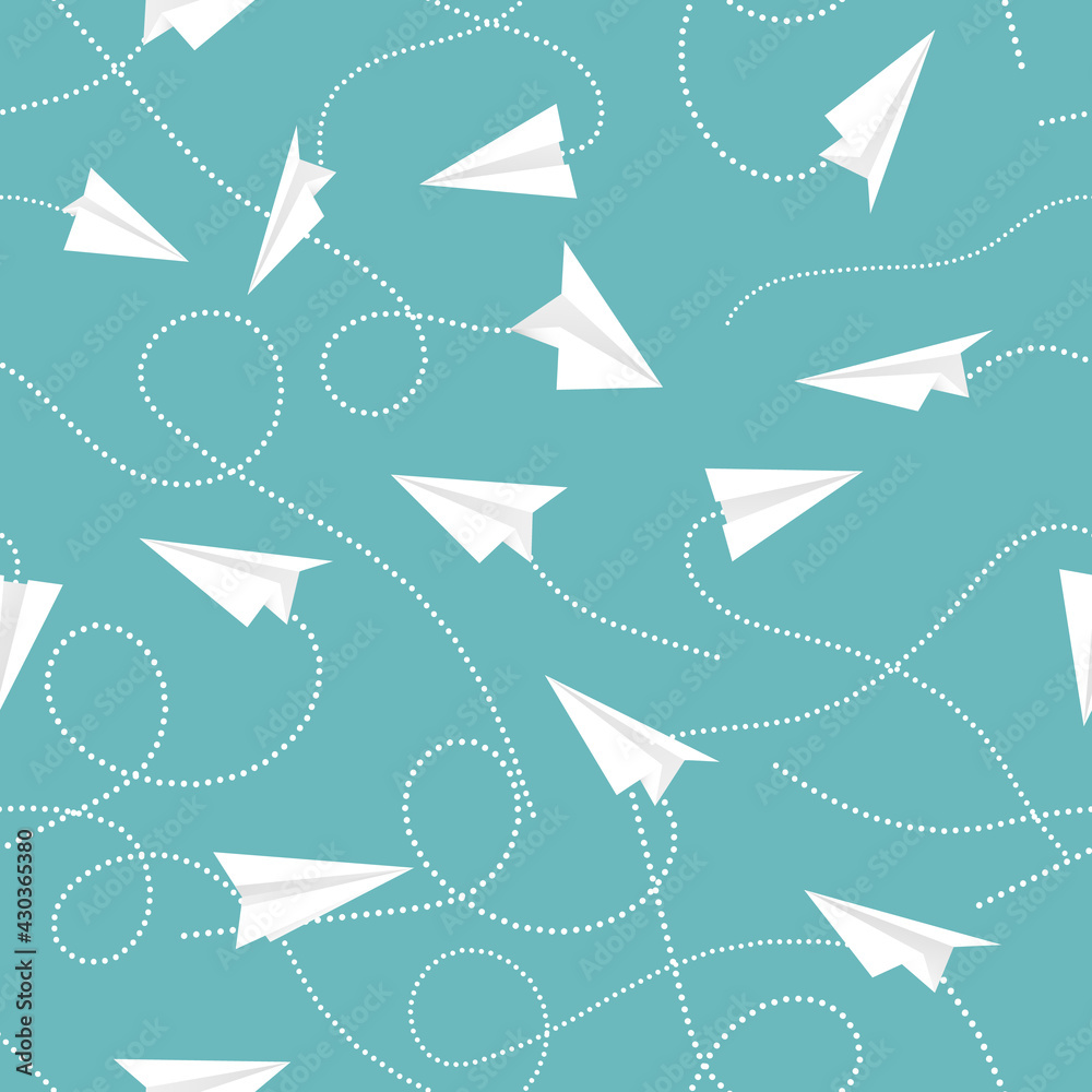 Seamless pattern with paper planes aircraft. Flying aircrafts on blue ...