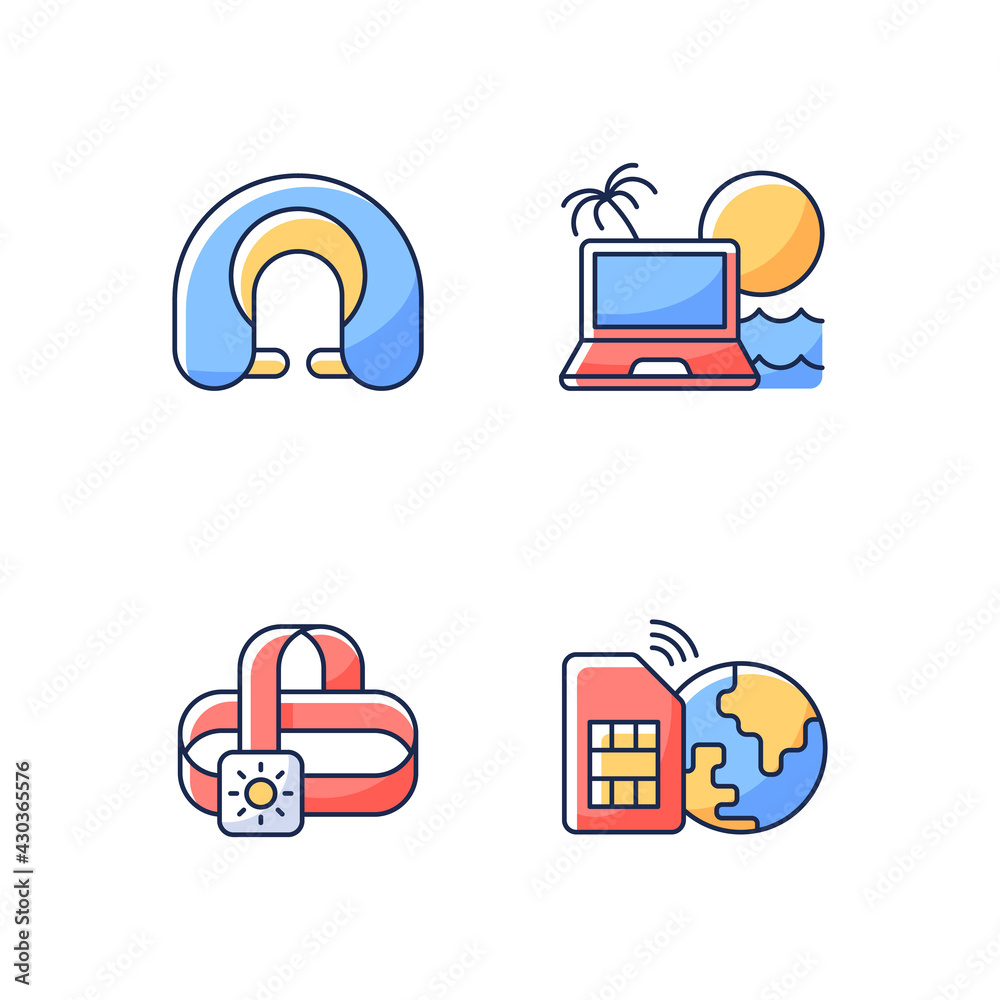 Nomadic lifestyle RGB color icons set. Roadtrip gear. Neck pillow ...