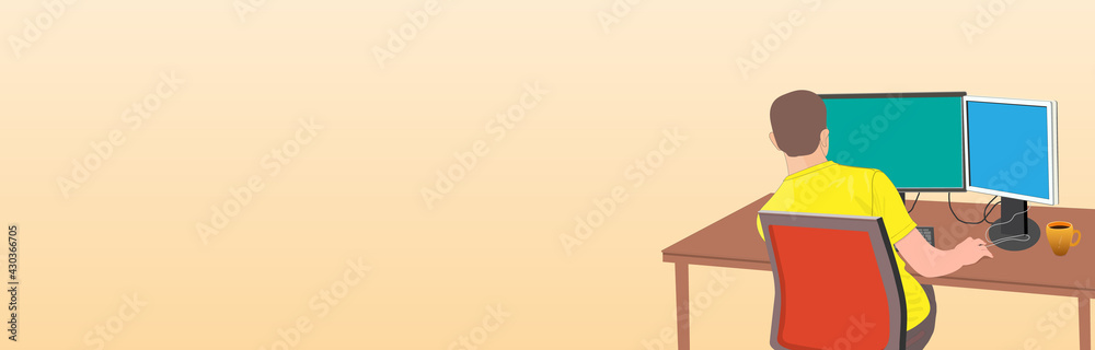 Back view of a man using a dual monitor computer, mockups, vector ...