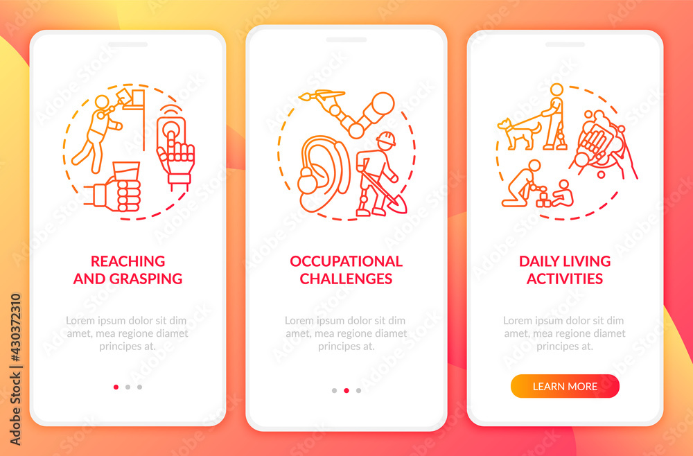 Upper extremity prostheses tasks onboarding mobile app page screen with concepts. Challenges ...