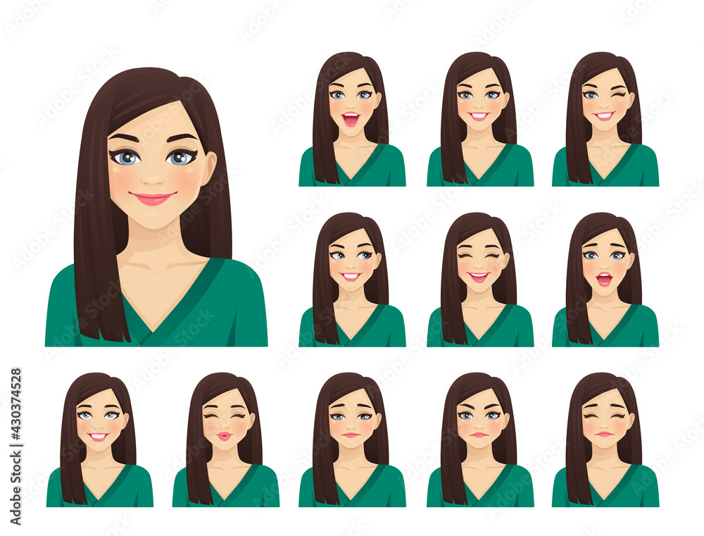 Young beautiful woman avatar with different facial expressions set ...