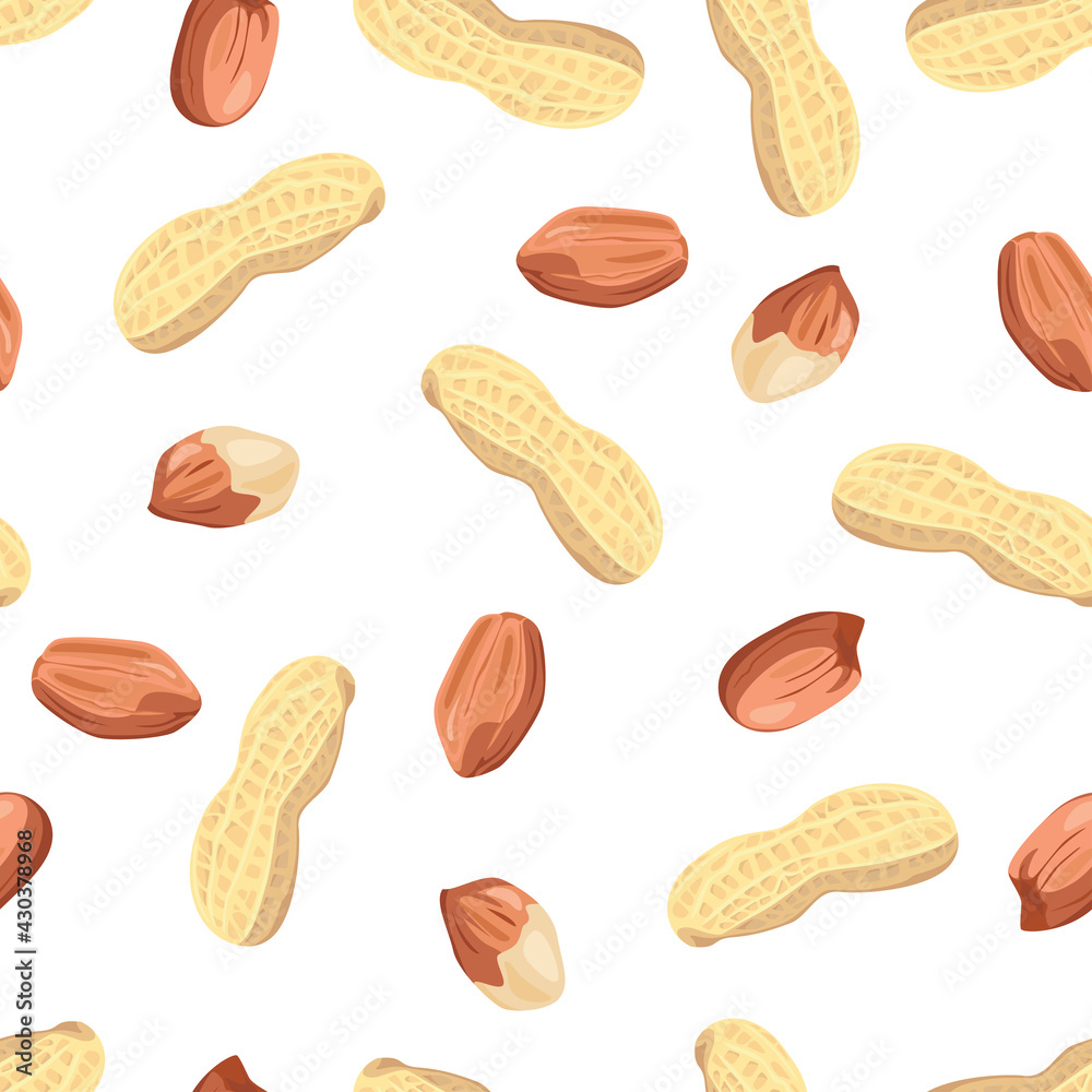 Peanuts seamless pattern. Vector illustration of nuts in cartoon flat style. Food background ...