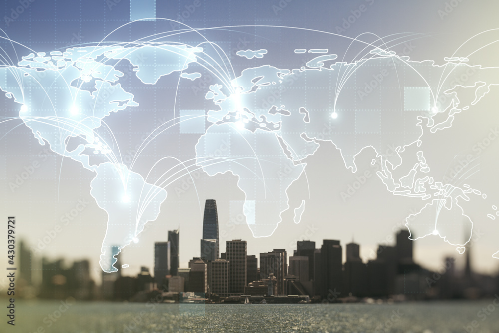 Abstract graphic digital world map hologram with connections on San ...