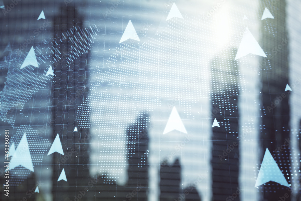 Abstract virtual geolocations map hologram on office buildings ...