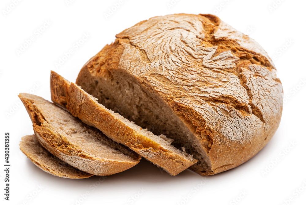 Round peasant bread with cut pieces. Isolate on white background Stock ...