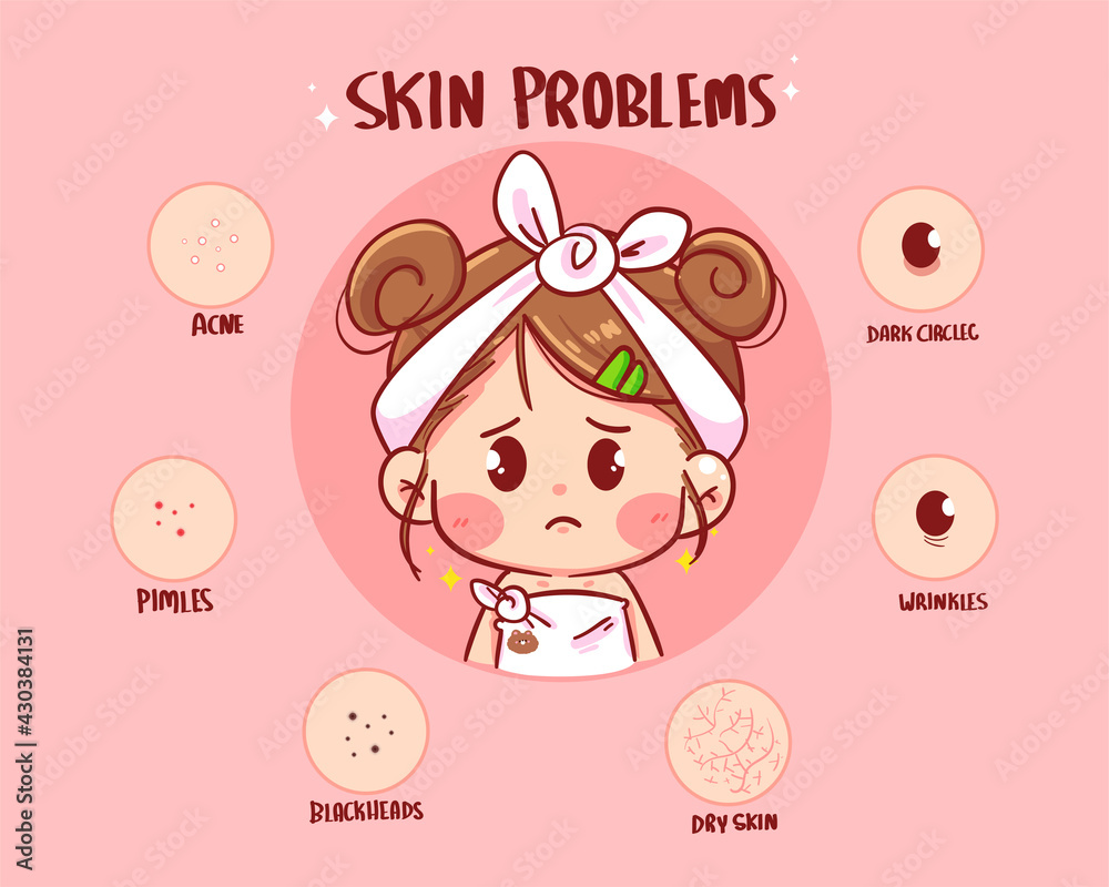 Cute girl character Hand drawn oily skin problems cartoon art ...