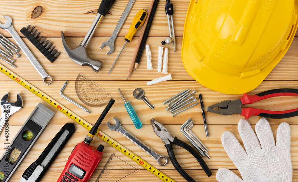 All tools supplies home construction on the wooden table background ...