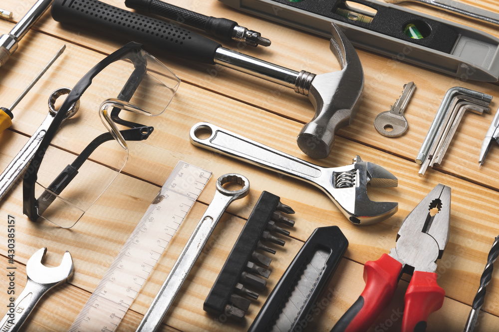 All tools supplies home construction on the wooden table background ...
