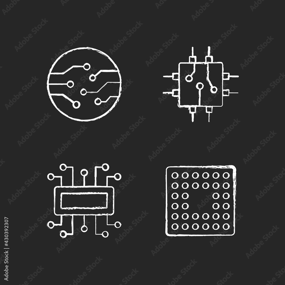 Microcircuits chalk white icons set on black background. Cpu computer socket types. Circuit ...