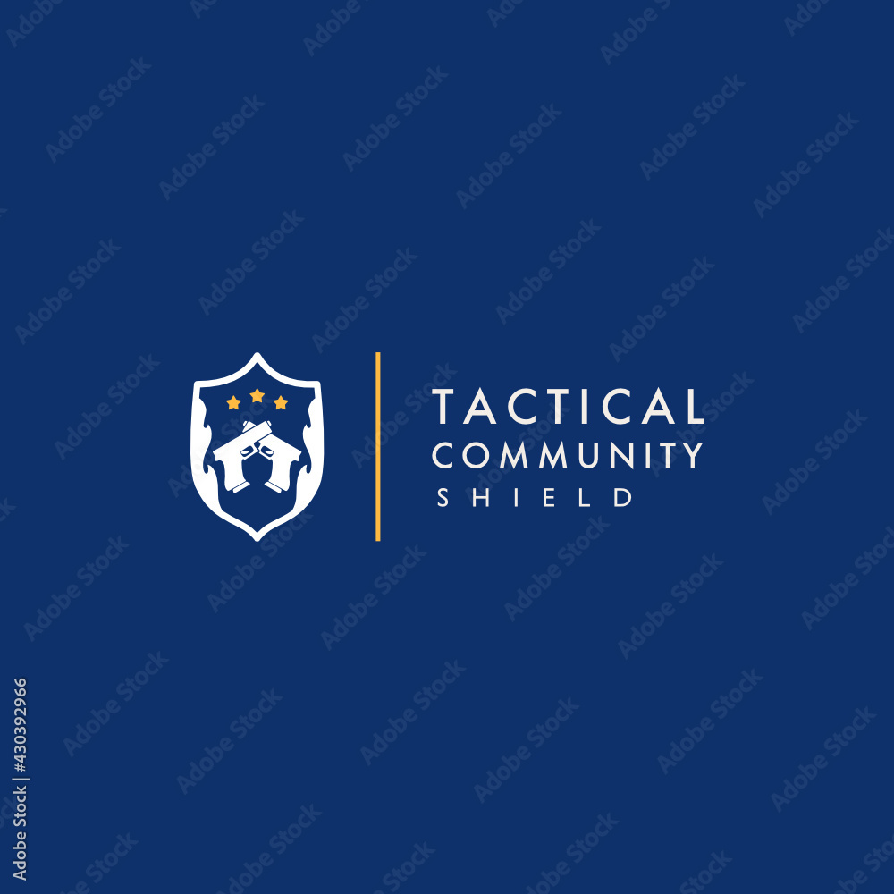 Shield with Gun weapon fire tactical army community logo design ...