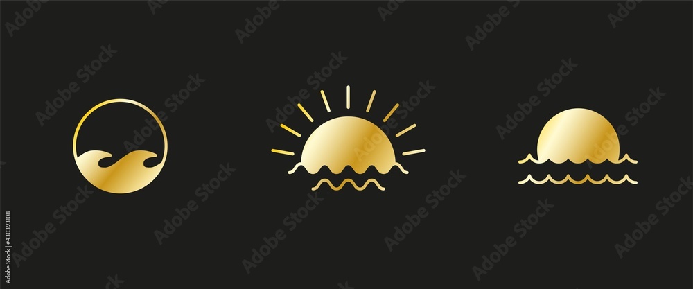 Sunset or sunrise gold logo template. Golden sun and water icon ...