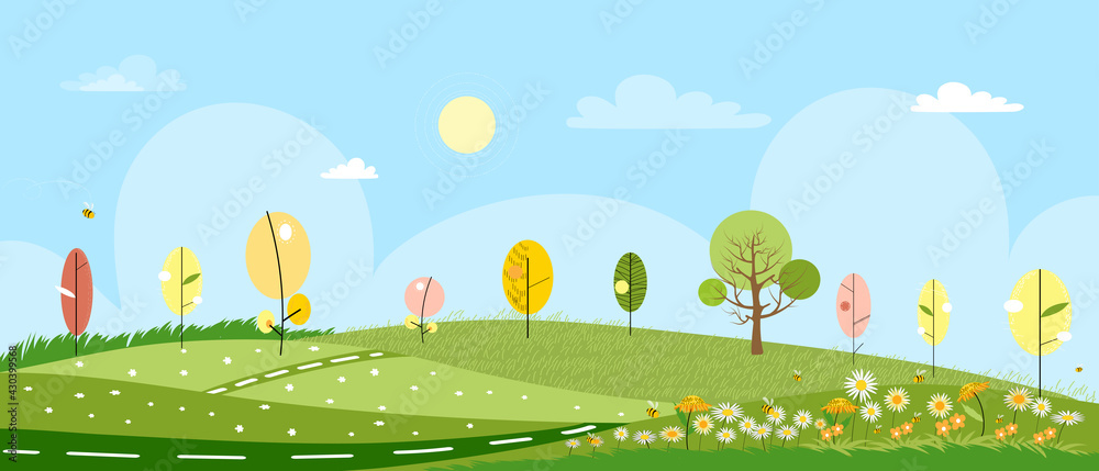 Cute cartoon panorama landscape of Spring field and spring flowers with ...