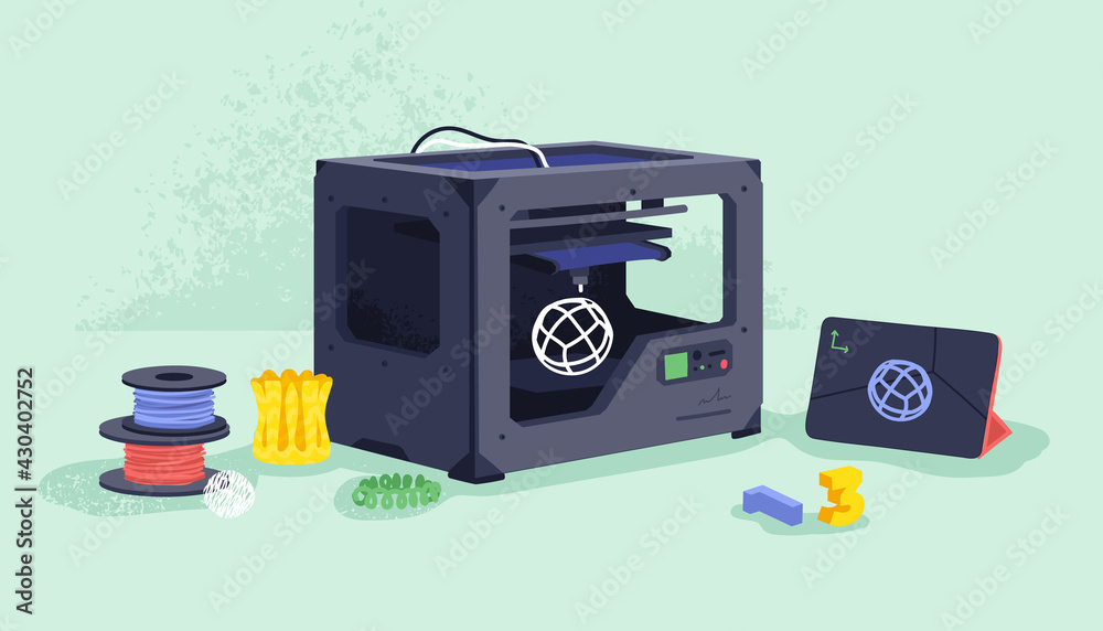 3d printer concept. Machine makes polymer volume object. Tablet ...