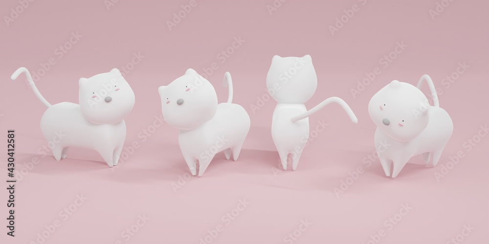 Cute white cat in different poses and pink background.3d rendering ...