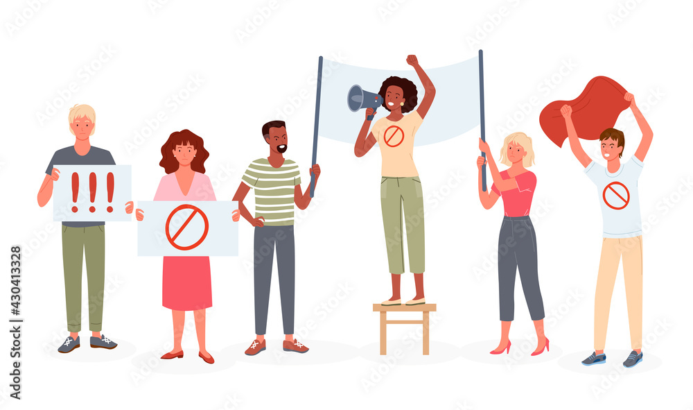 Cartoon man woman activist characters demonstrate, take part in protest ...